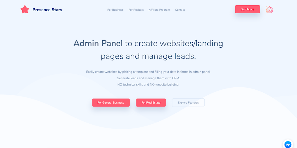 CMS admin panel to create manage websites, landing pages and leads